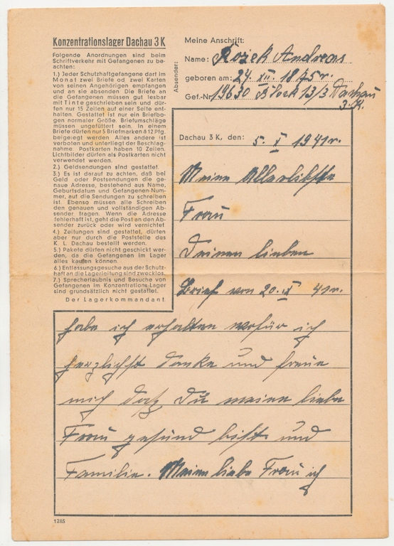 Holocaust Concentration Camp DACHAU inmate's letter feldpost 1941
